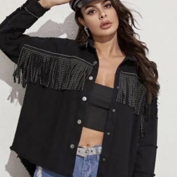 Zara | Jackets & Coats | Zara Black Denim Fringe Western Shirt Jacket ...